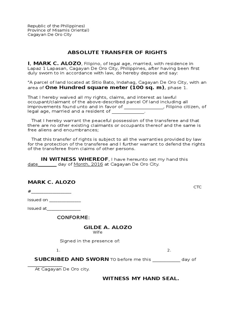Absolute Transfer of Land Rights Form | PDF