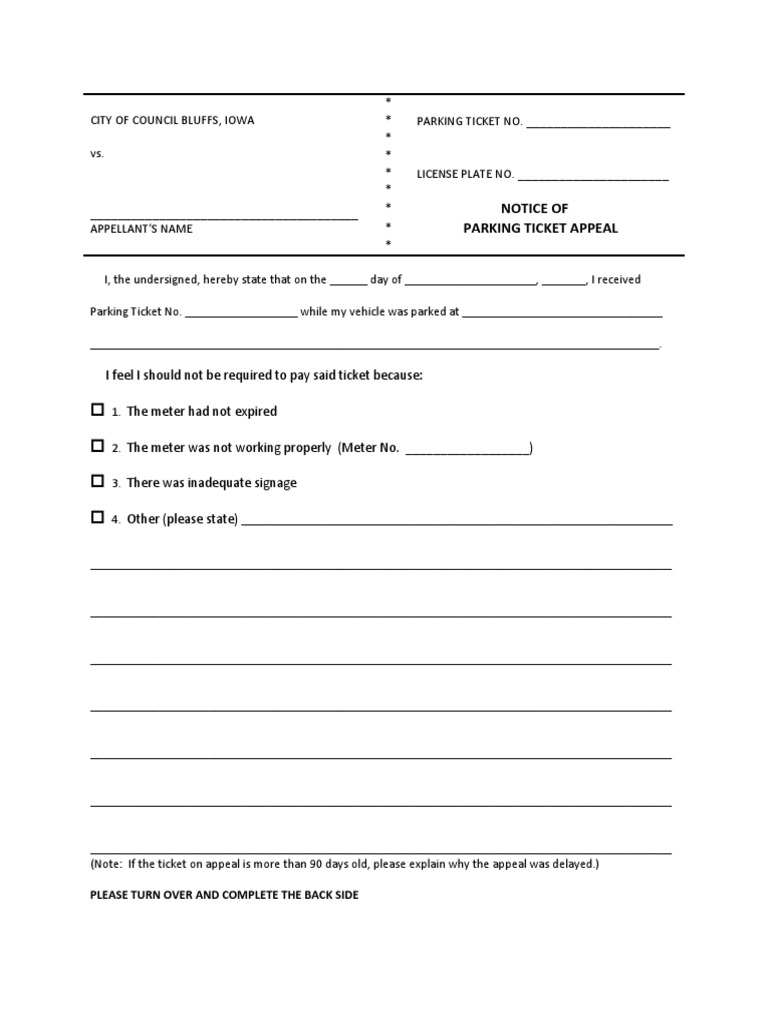 Notice of Parking Ticket Appeal: Please Turn Over and Complete The Back ...