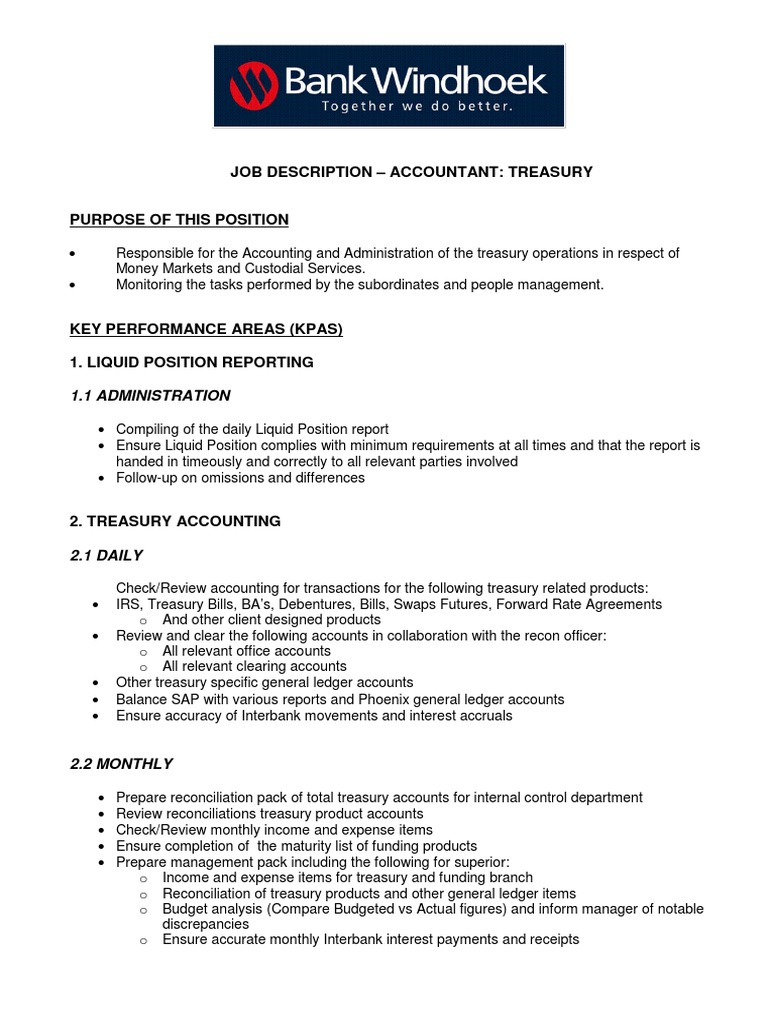 Job Description - Accountant: Treasury: 1.1 Administration | PDF ...
