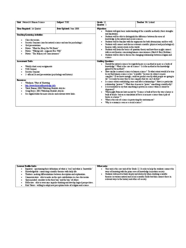 TOK Science Unit Planner | PDF | Free Will | Science