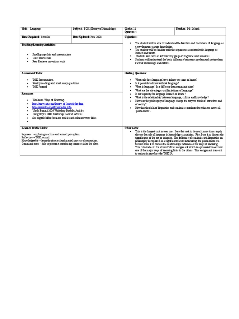 TOK Language Unit Planner | PDF