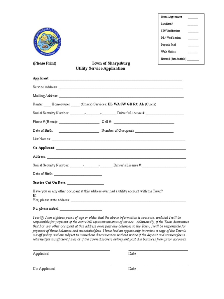Sharpsburg Utility Service Application | PDF