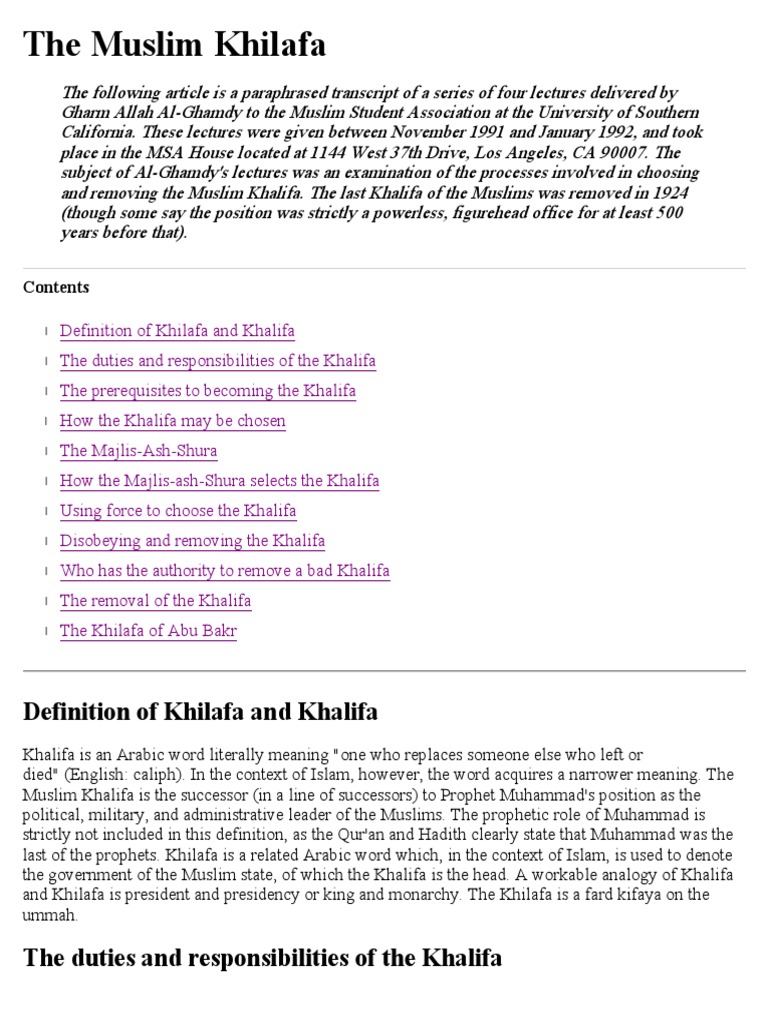 Understanding the Muslim Khilafa | PDF