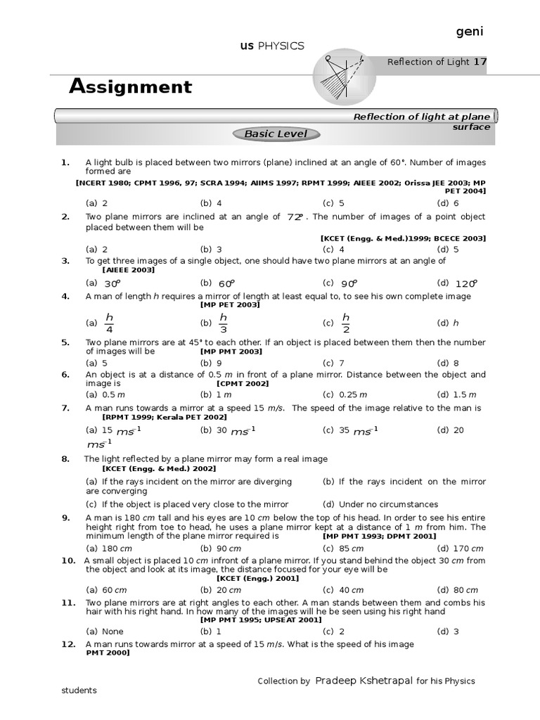 02-Reflection of Light (Assignment) | Download Free PDF | Lens (Optics) | Mirror