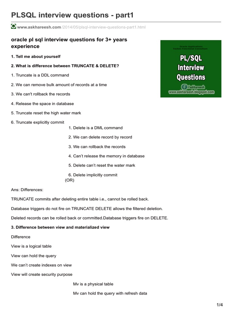 PLSQL Interview Questions - Part1: Oracle PL SQL Interview Questions For 3+ Years Experience ...