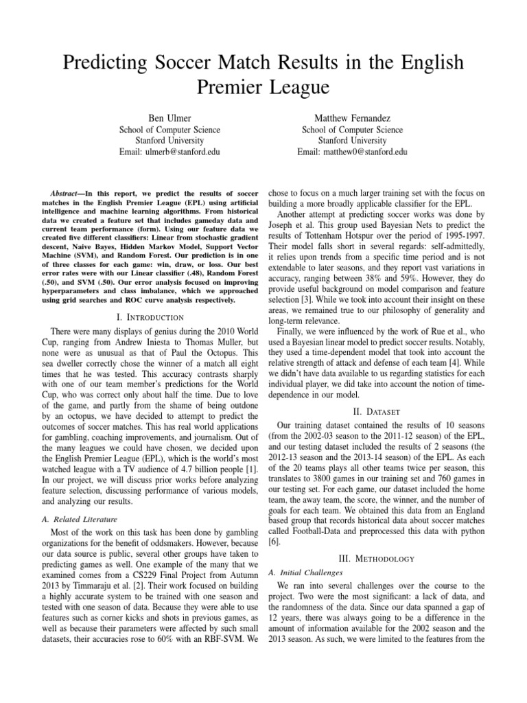 Ben Ulmer, Matt Fernandez, Predicting Soccer Results in The English ...