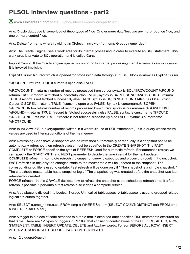 2014/05/plsql Interview Questions Part2.html | PDF | Sql | Table (Database)