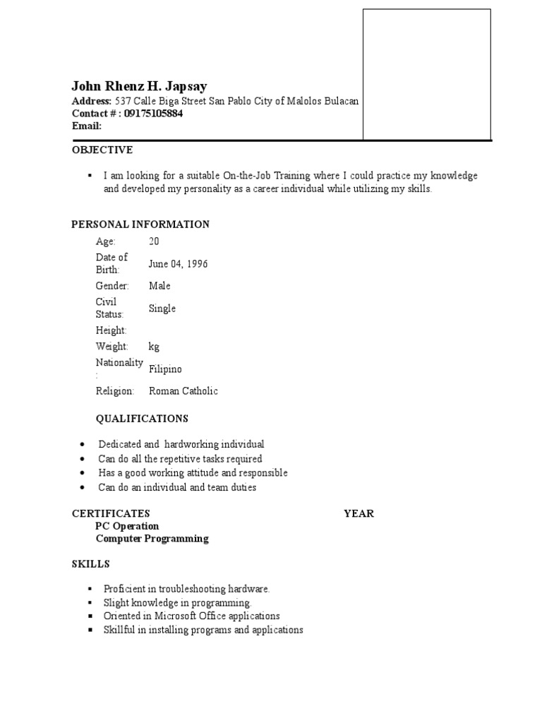 Resume Sample Format For Ojt 75 New Photography Of Resume Example With