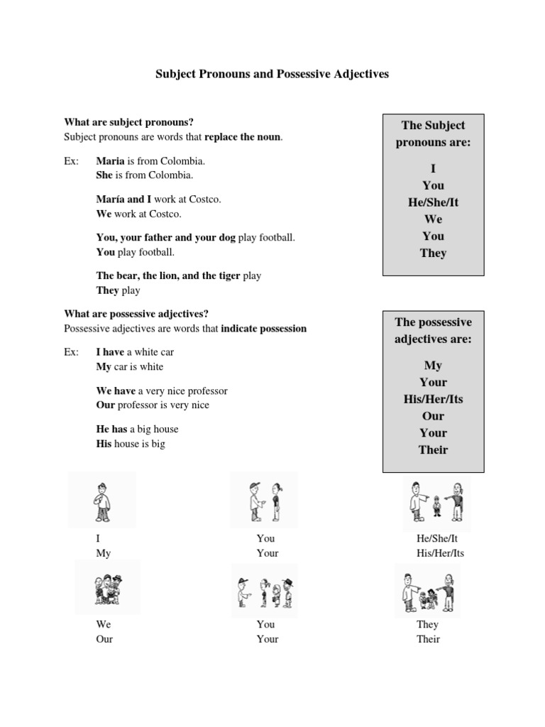 Subject Pronoun and Possessive Adjectives | PDF | Grammatical Number ...