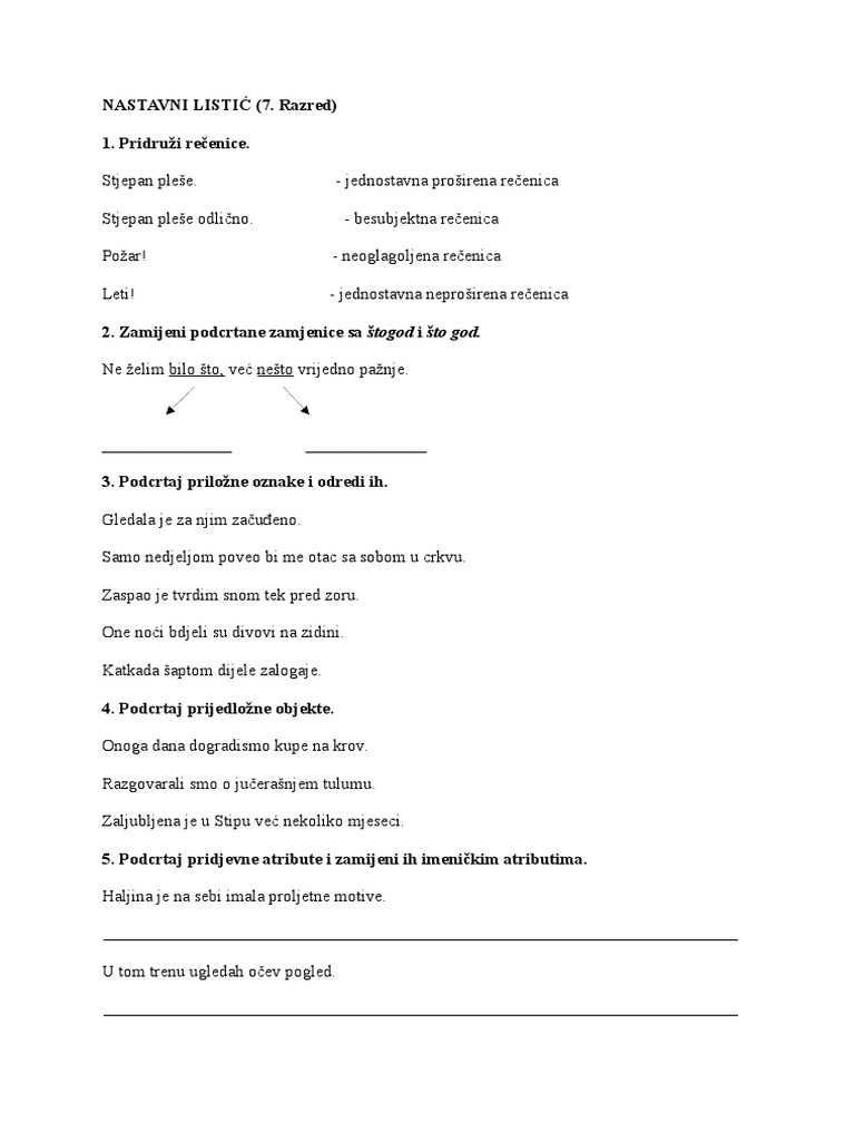 NASTAVNI LISTIĆ 7. Razred Usustavljivanje Gradiva | PDF