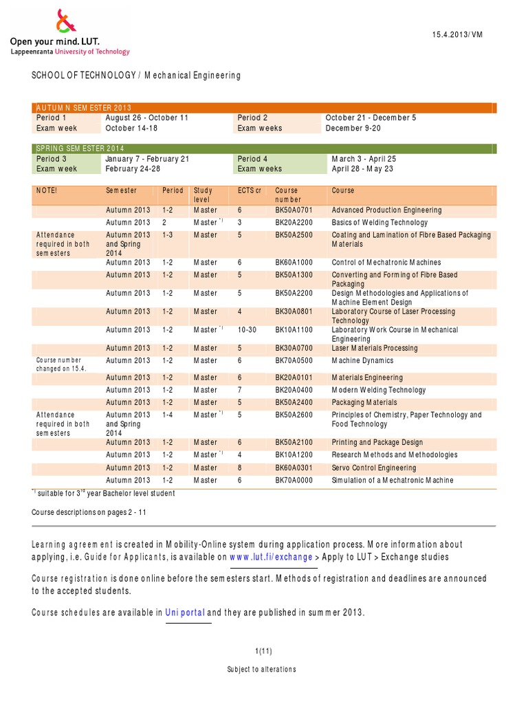 Mechanical Engineering, Course Descriptions Autumn 2013-2014 | PDF ...