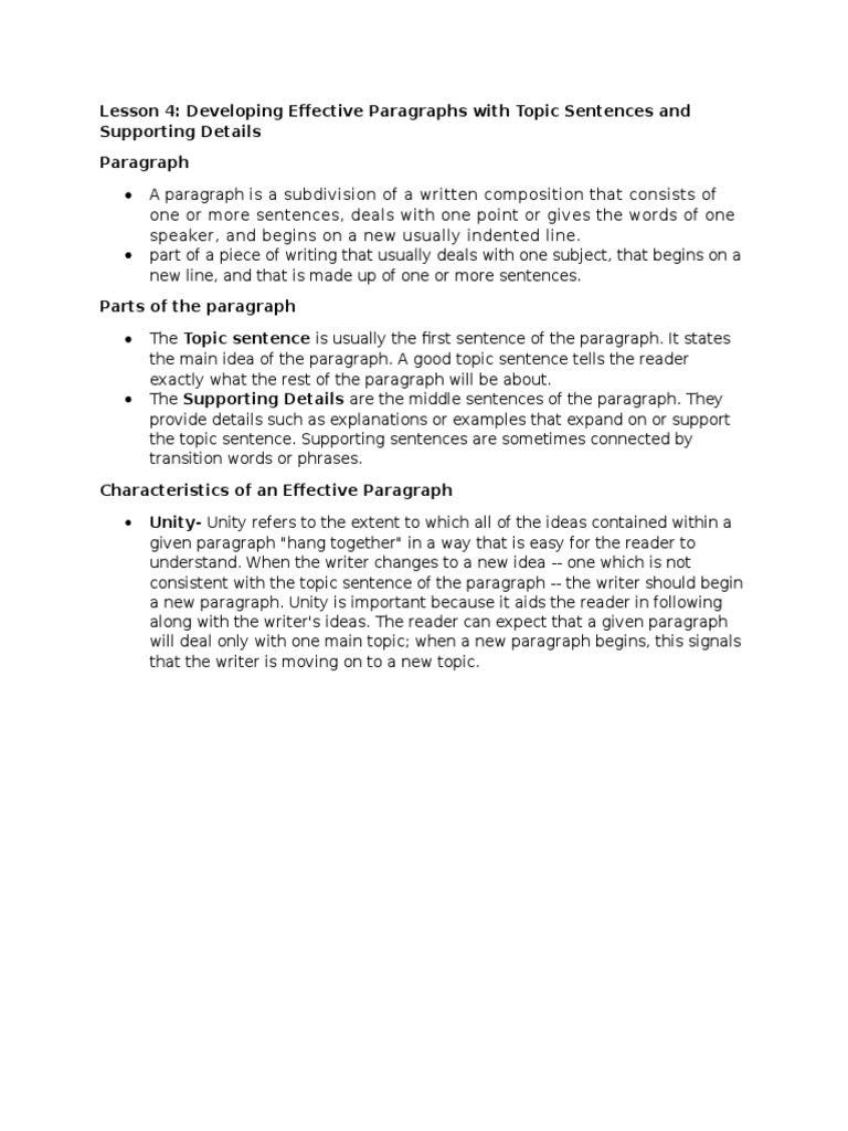 Lesson 4: Developing Effective Paragraphs With Topic Sentences and ...