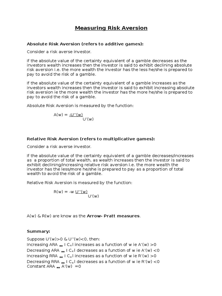 Measuring Risk Aversion & Further Comments - Utility Theory | PDF ...