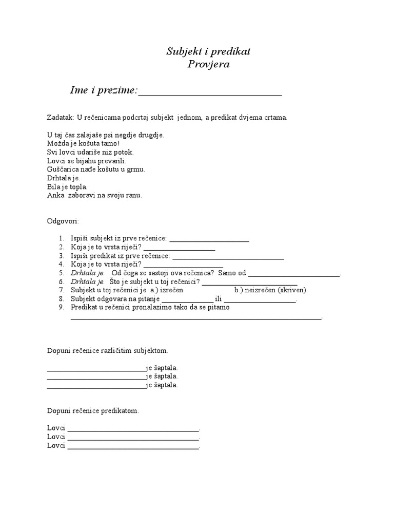 Subjekt I Predikat - Provjera Znanja | PDF