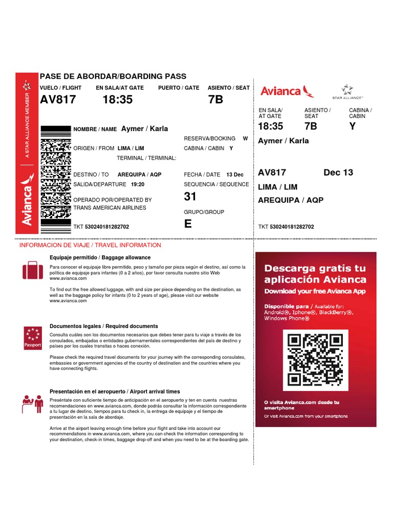 Pase De Abordar/Boarding Pass: AV817 Dec 13 | equipaje | Transporte