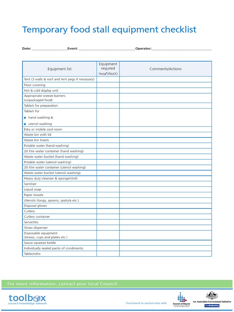 Temporary Food Stall Equipment Checklist: Equipment List Equipment ...