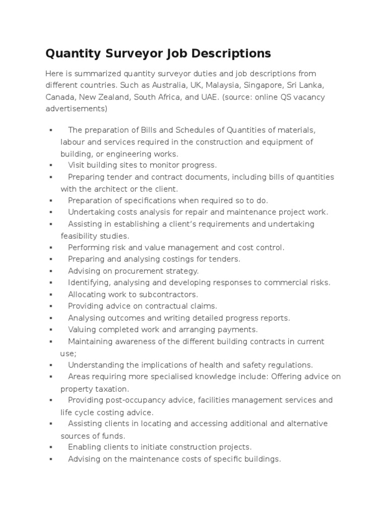 Quantity Surveyor Job Descriptions | PDF