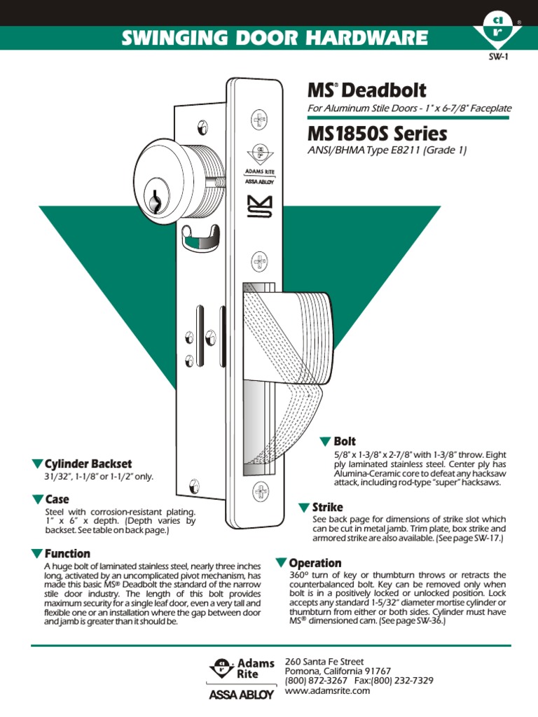 Swinging Door Hardware: MS Deadbolt MS1850S Series | PDF | Door | Screw