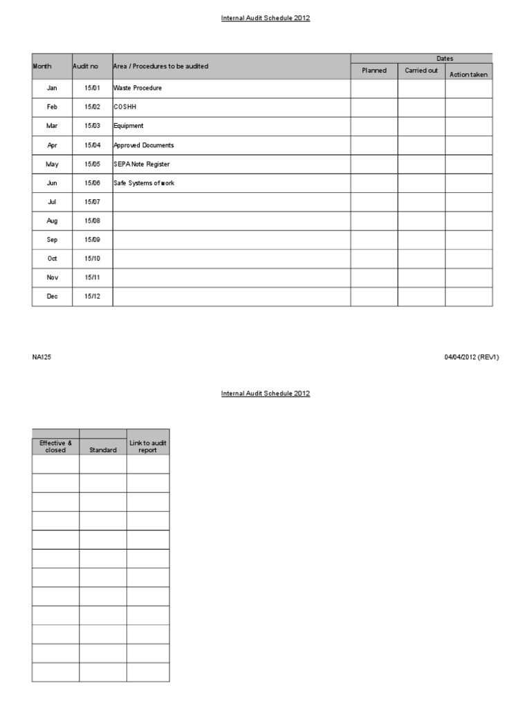 2012 Internal Audit Schedule | PDF