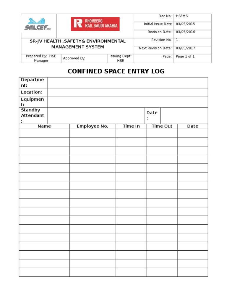 Confined Space Entry Log: SR-JV Health, Safety& Environmental ...
