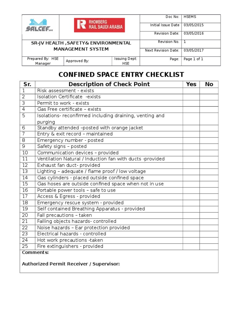 65.confined Space Entry Checklist | PDF
