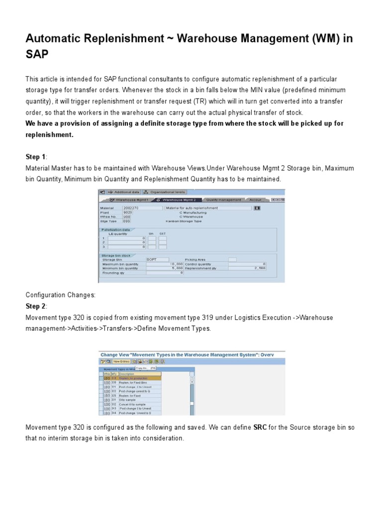Automatic Replenishment - Warehouse Management (WM) in SAP | PDF