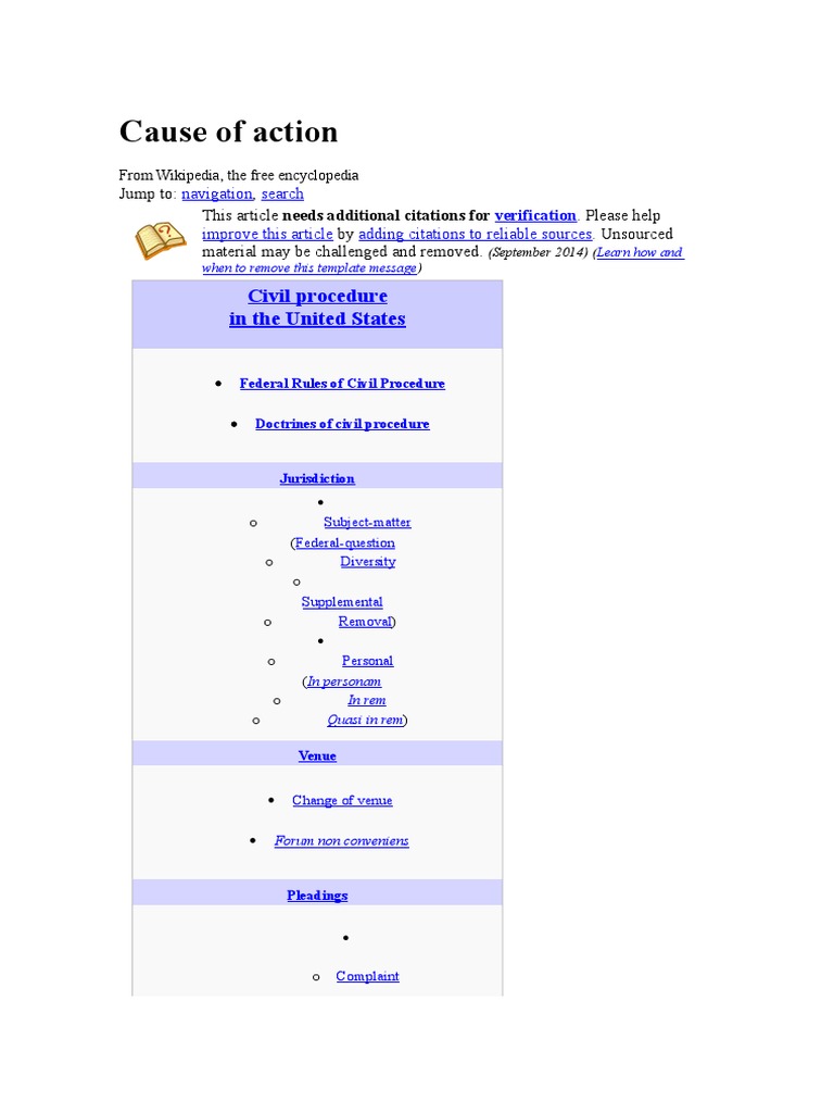 Cause of Action: Civil Procedure in The United States | PDF | Cause Of ...