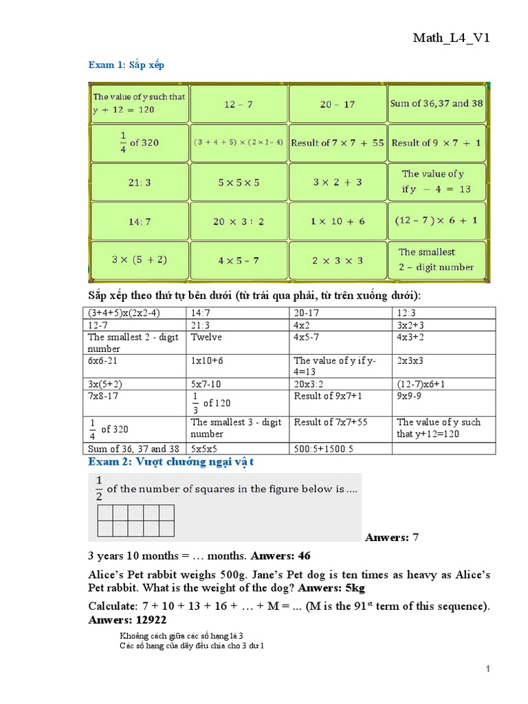 Math - L4 - V1: Exam 1: Sắp Xếp | Download Free PDF | Arithmetic | Numbers