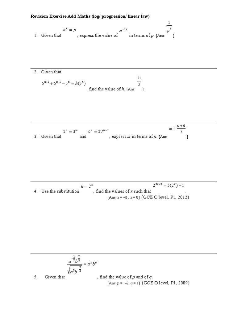 Revision Exercise Add Maths (Log/ Progression/ Linear Law) | PDF
