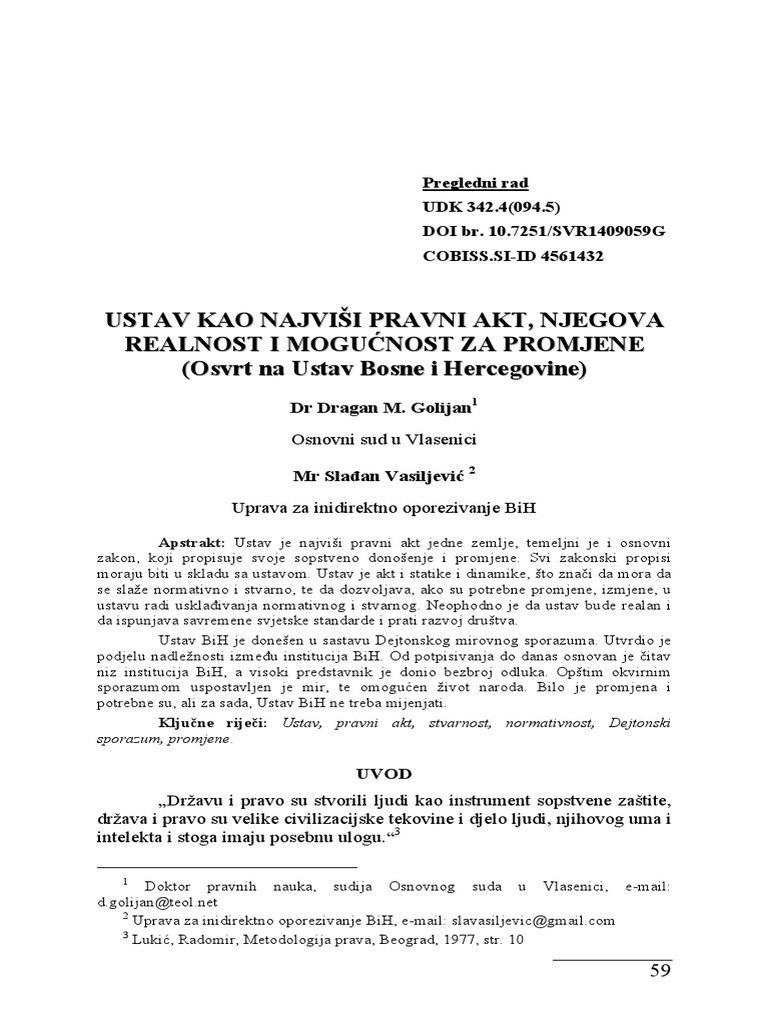 DR Dragan M. Golijan MR Slađan Vasiljević USTAV KAO NAJVIŠI PRAVNI AKT NJEGOVA REALNOST I ...