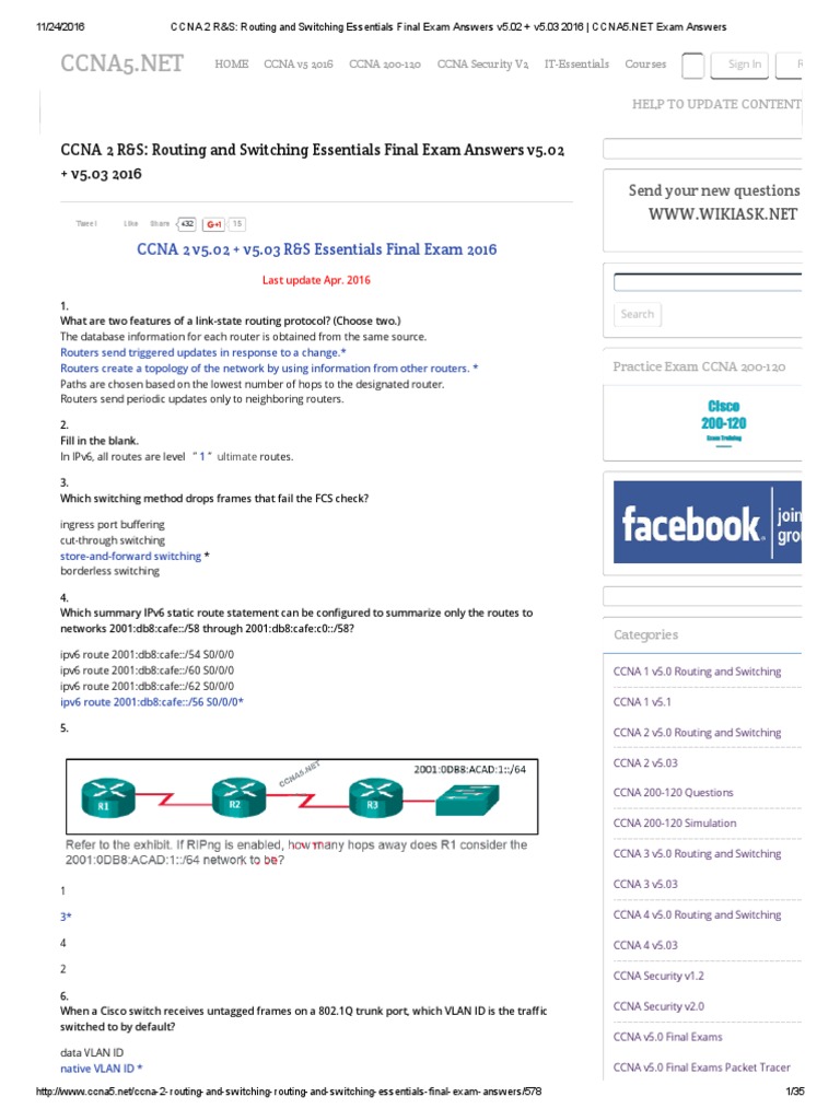 CCNA 2 v5.02 + v5.03 R&S Essentials Final Exam 2016 | PDF | Ip Address | Router (Computing)