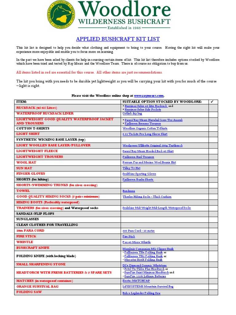 Applied Bushcraft Kit List 2012 | PDF | Wool | Knife