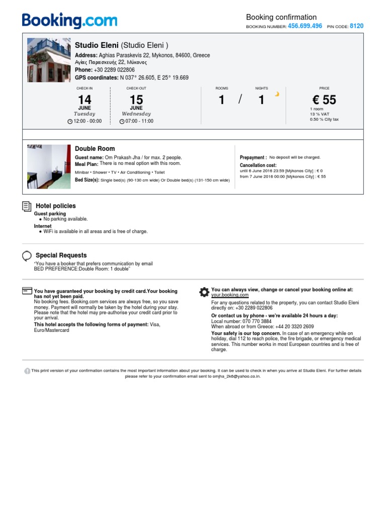 Booking Confirmation: Double Room | PDF