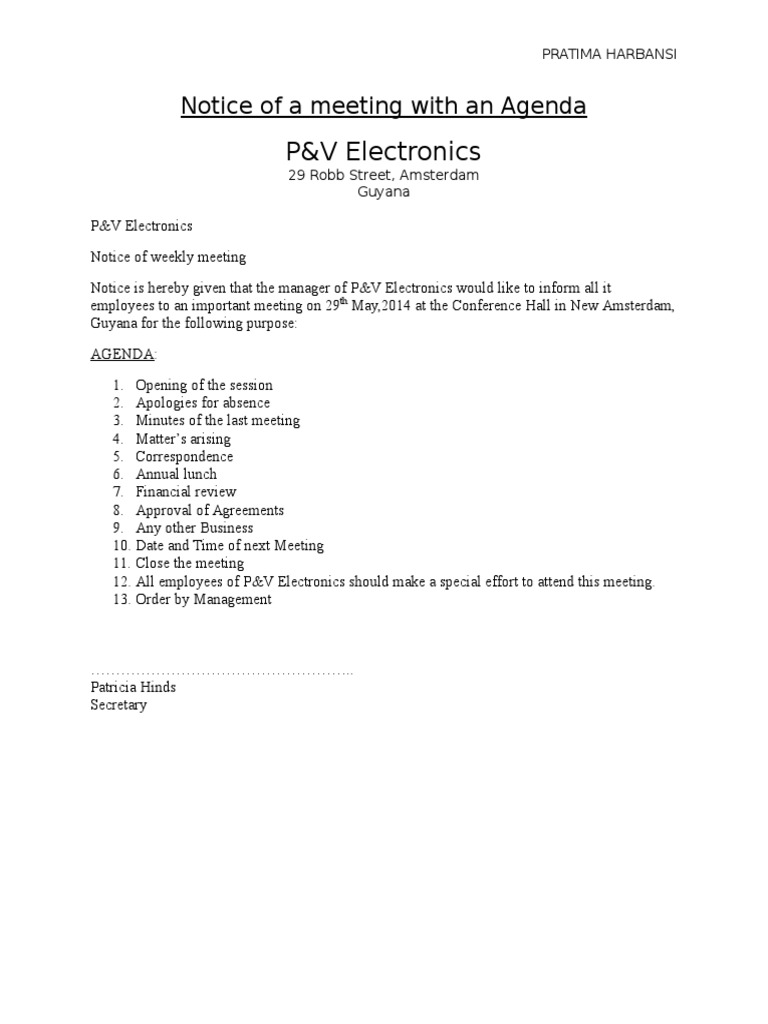 Notice Of Meeting And Agenda Notice Of The Annual General Meeting And