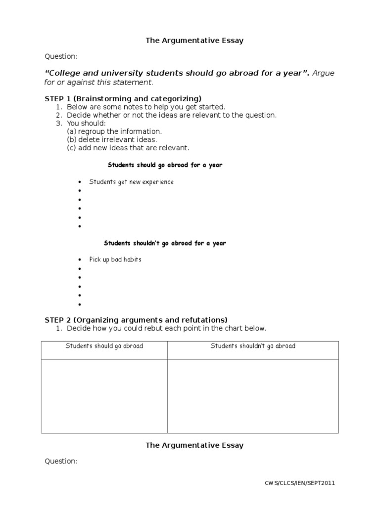The Argumentative Essay - Teens and Going Abroad - Tasksheet | PDF