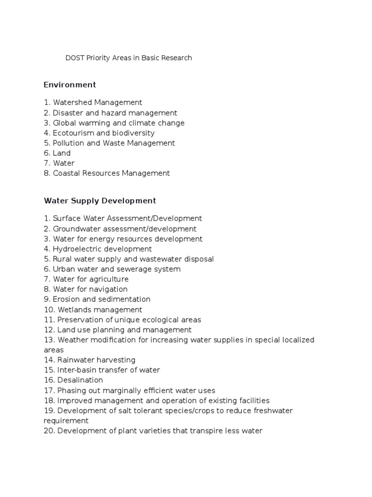 DOST Basic Research Priority Areas | PDF | Water Quality | Pollution
