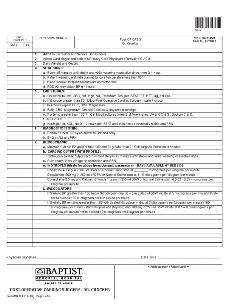 Post Op CABG Orders | Magnesium | Hemodynamics