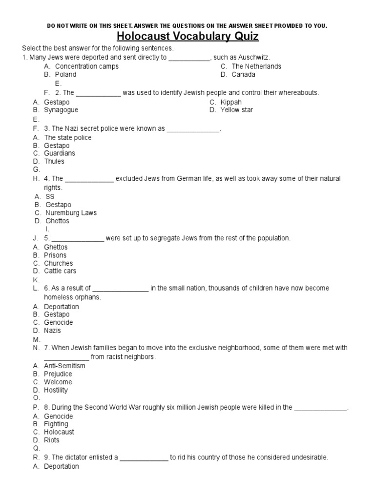 Holocaust Vocabulary Quiz | PDF | The Holocaust | Auschwitz ...