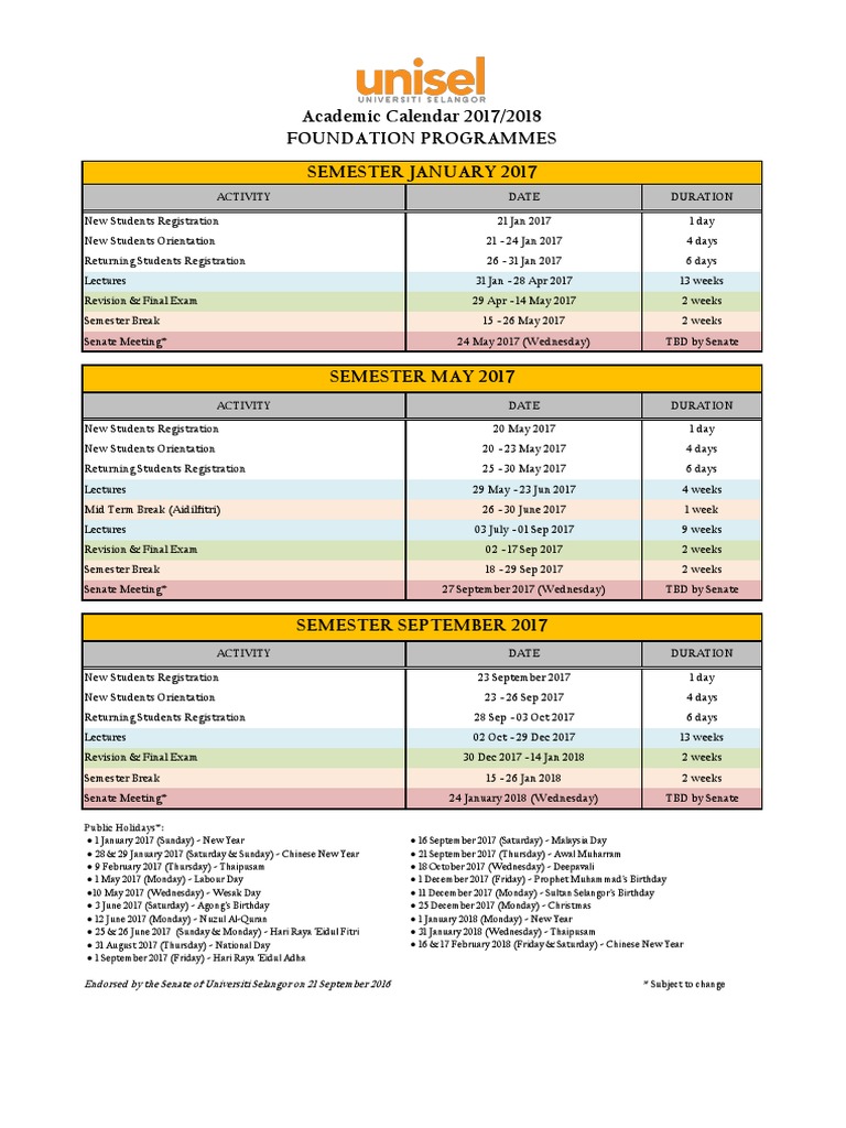 Academic Calendar 2017 For Foundation Programmes, Undergraduate ...