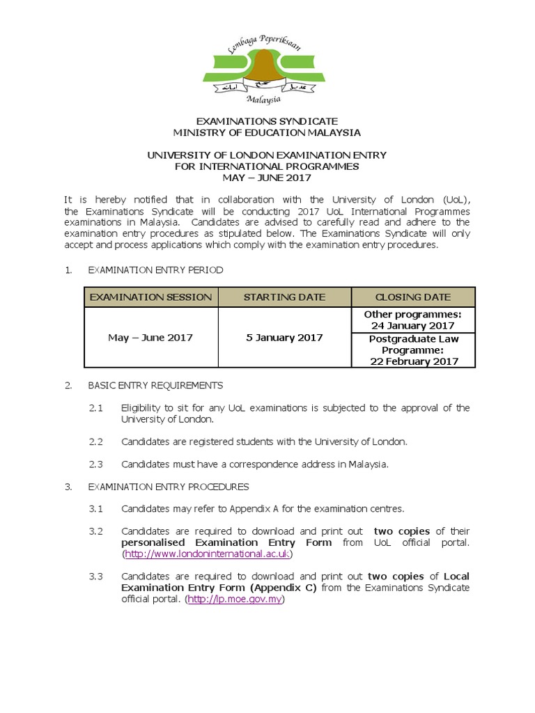 UoL Examination Entry For International Programmes May - June 2017 ...