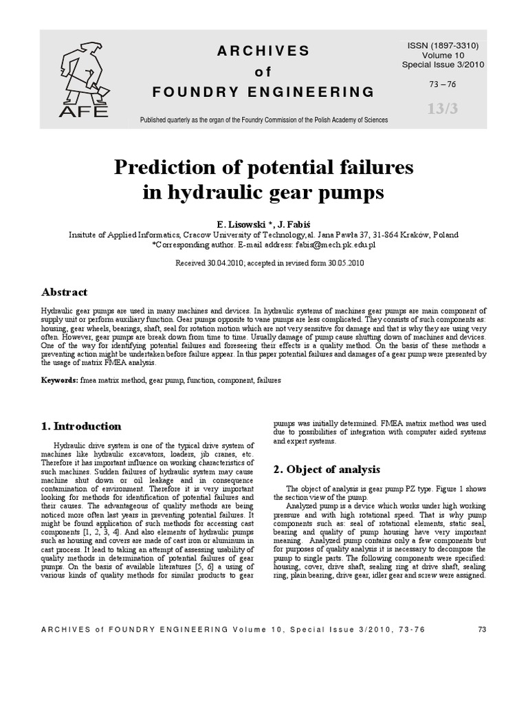 Prediction of Potential Failures in Hydraulic Gear Pumps: Archives of ...