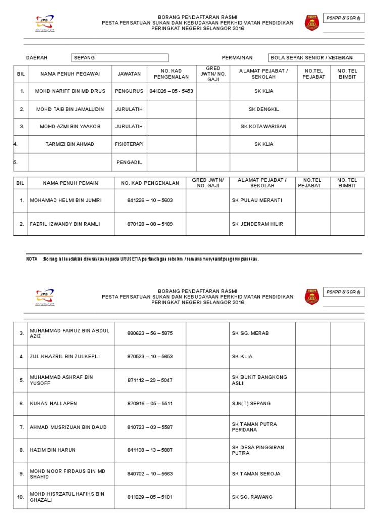 Borang Pendaftaran Rasmi Bola Sepak Pskpp2 | PDF