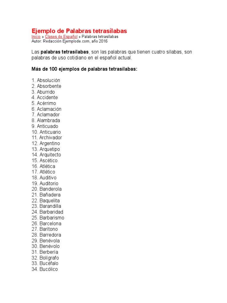Ejemplo de Palabras Tetrasílabas