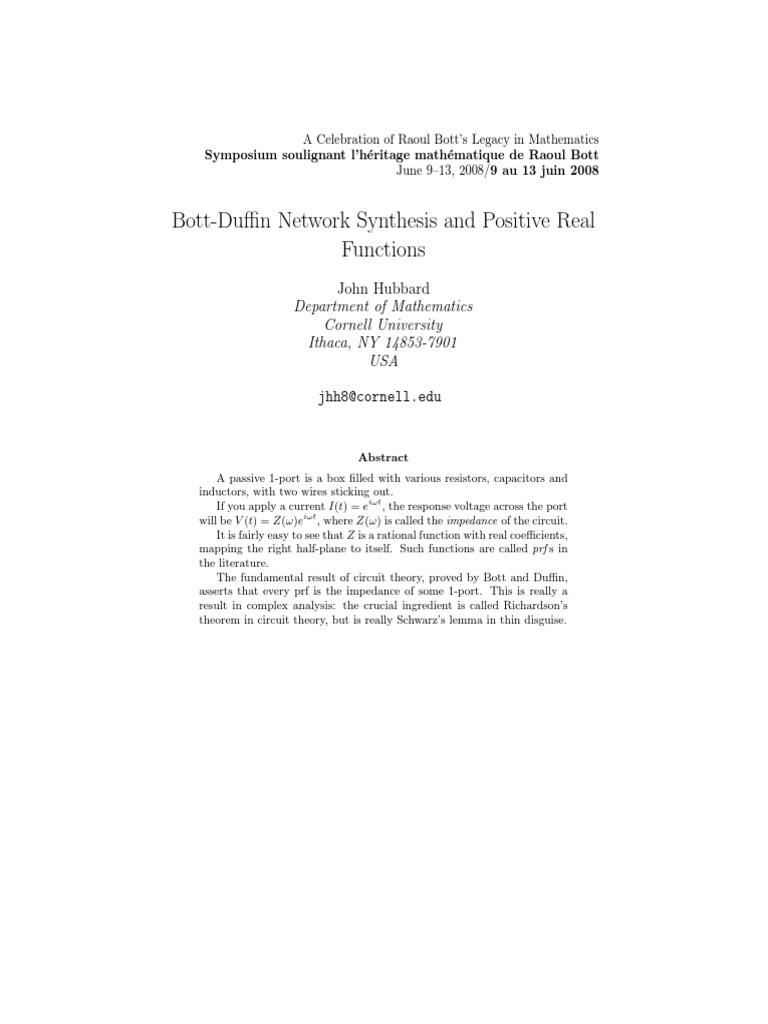 Bott-Duffin Network Synthesis and Positive Real Functions | PDF | Electrical Network | Network ...