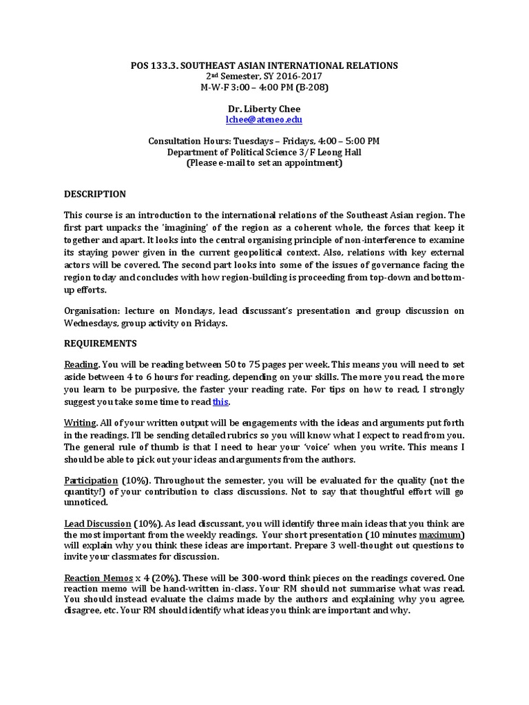 Pos 133.3 Syllabus | PDF | Association Of Southeast Asian Nations ...