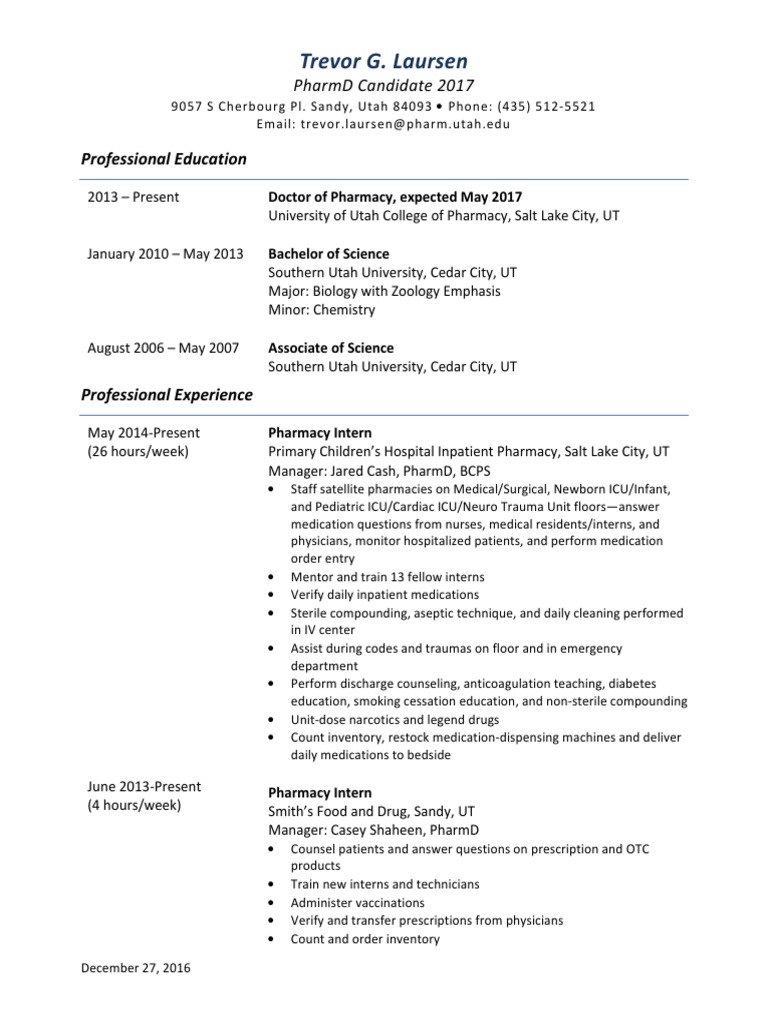 Trevor Laursen CV - Phorcas 12-28-16 | PDF | Pharmacy | Pharmaceutical Drug