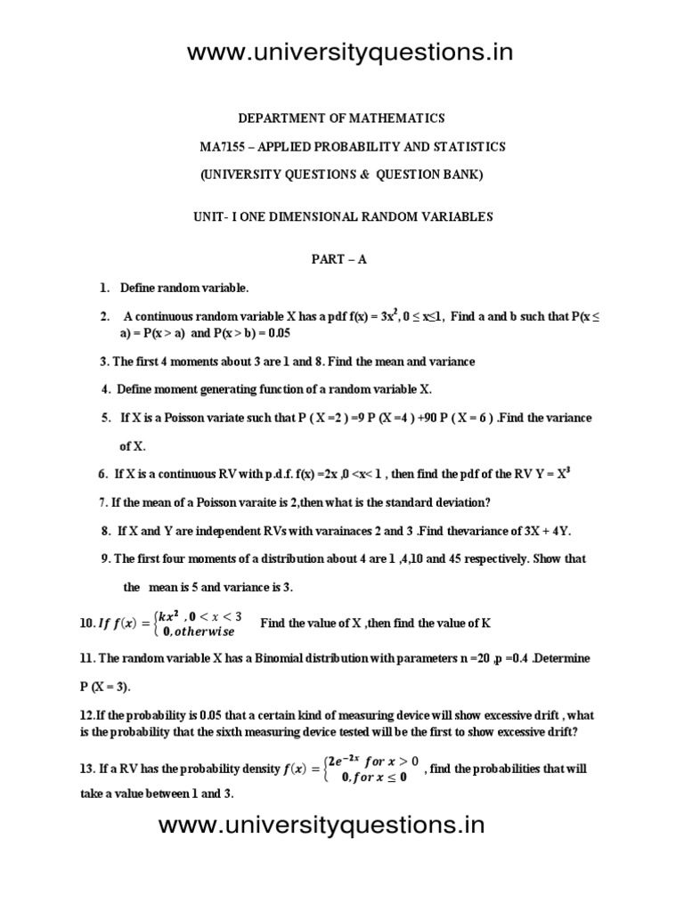 MA7155-Applied Probability and Statistics Question Bank | PDF ...
