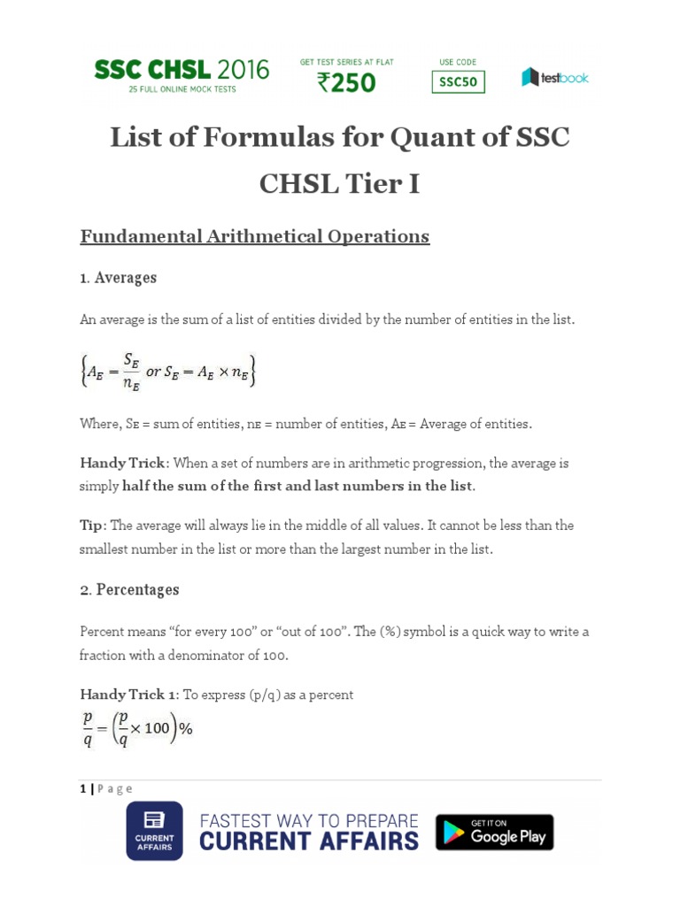 List of Formulas For Quant of SSC CHSL Tier I | PDF | Compound Interest ...