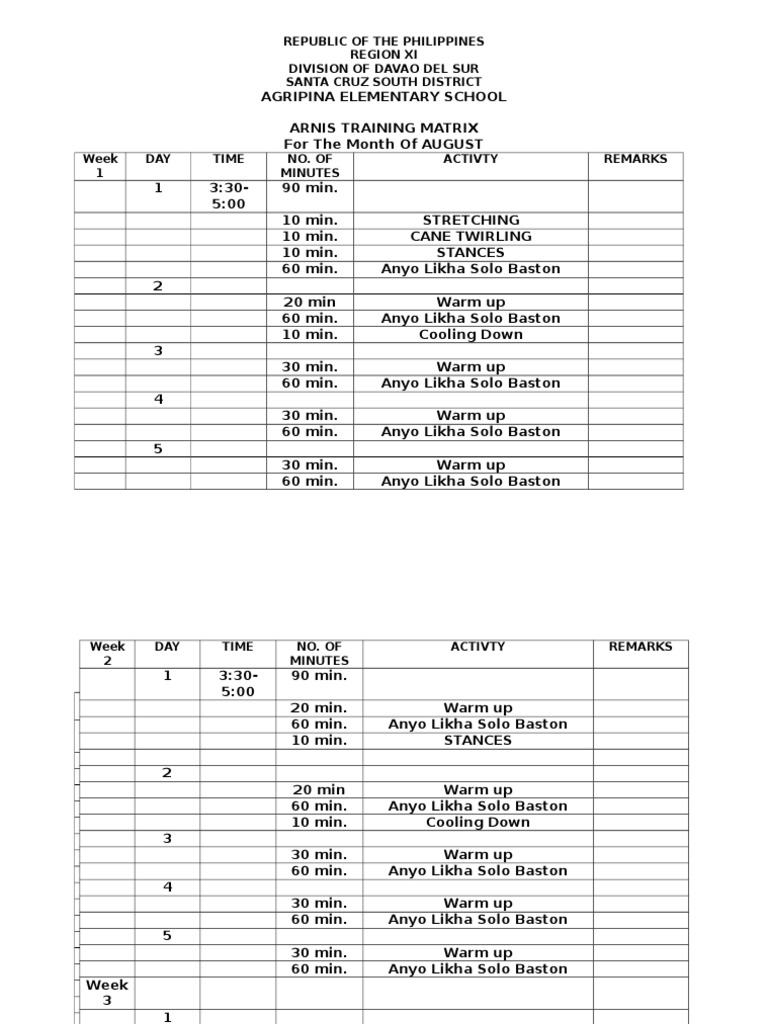 Arnis Training Matrix | PDF