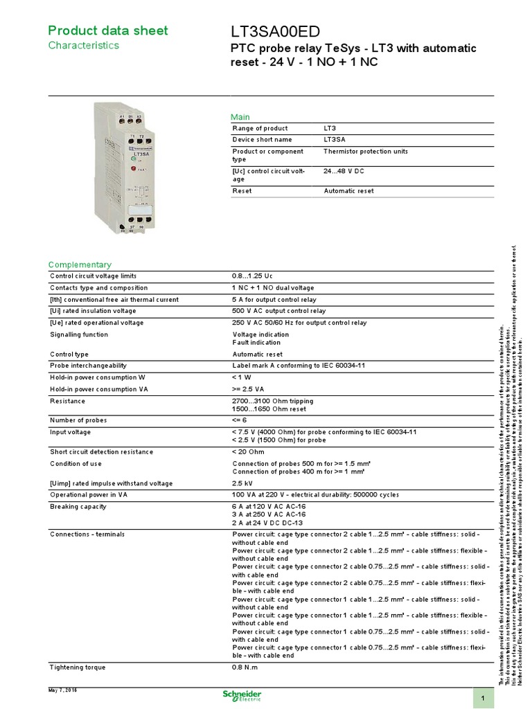 PTC Thermistor Relay LT3 - LT3SA00ED | PDF | Cable | Relay